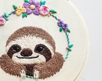 Sewing & Fiber Kits & How To Sloth with red rose cycle Embroidery ...