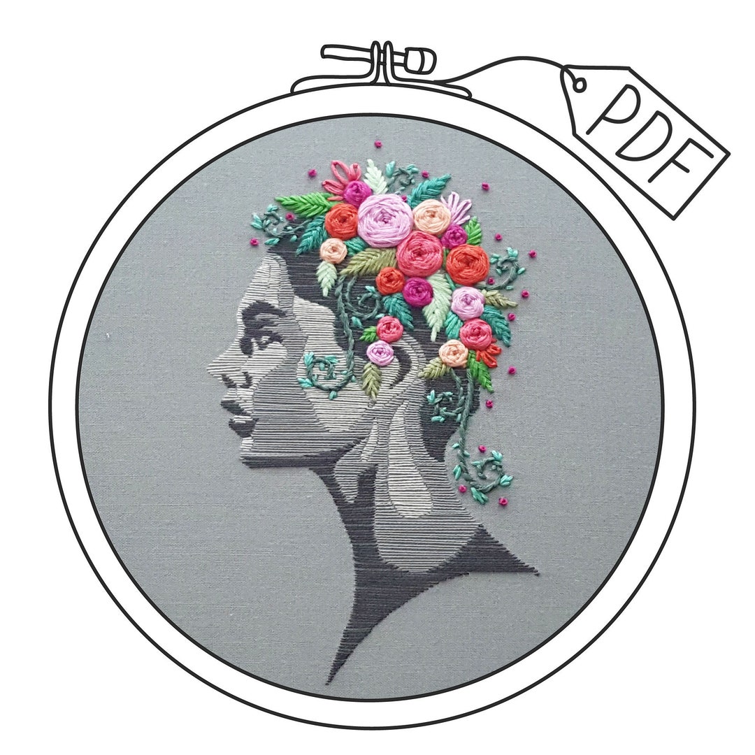 Feminine Face Embroidery Template "flowers in Her Hair", Hand ...