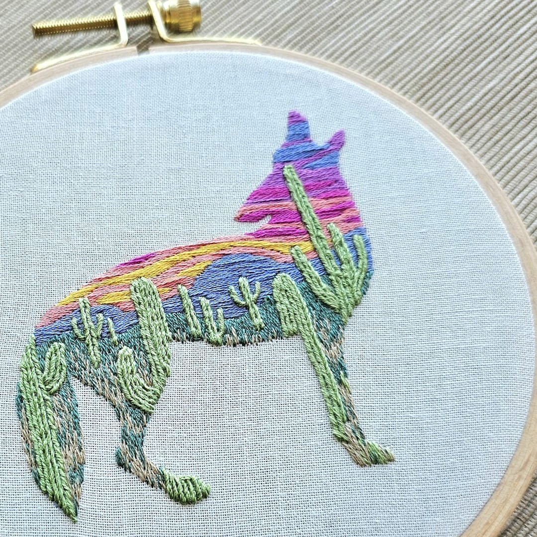 Desert Coyote Hand Embroidery Kit With Saguaro Cactus, Embroidery ...
