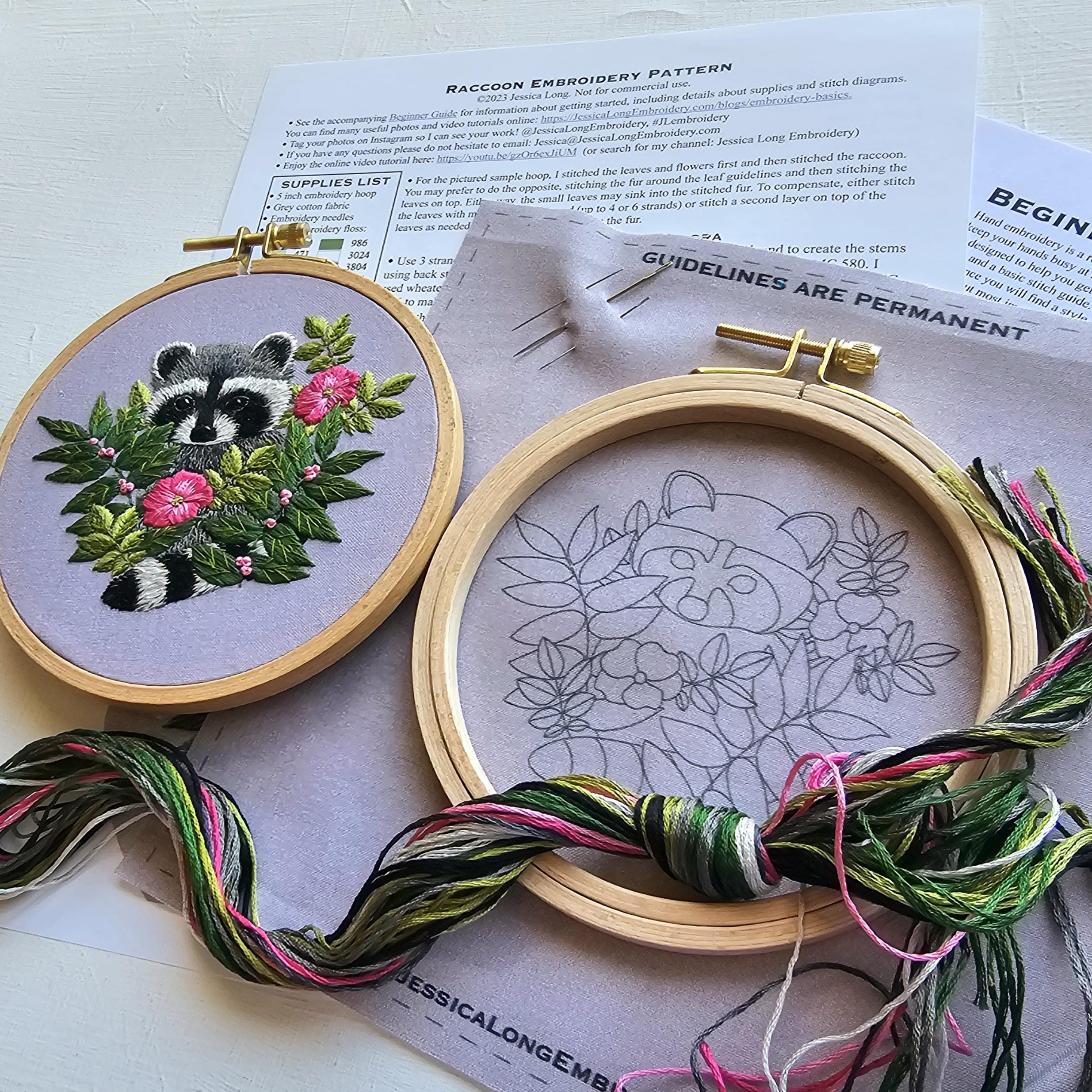 DIY Raccoon Hand Embroidery Kit, Animal Thread Painting Template ...
