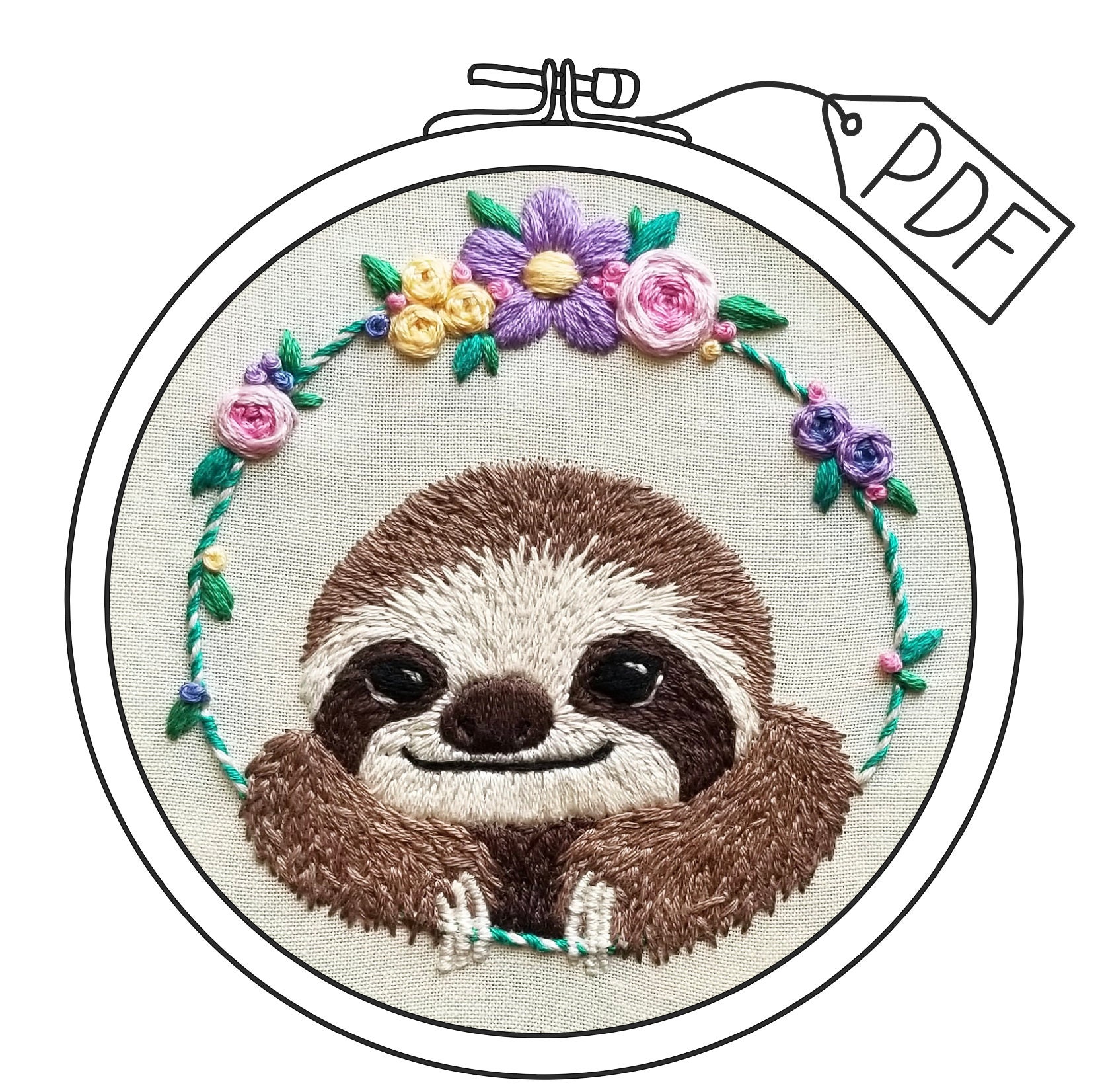 Sloth Hand Embroidery PDF Pattern , DIY Modern Embroidery Hoop Art ...