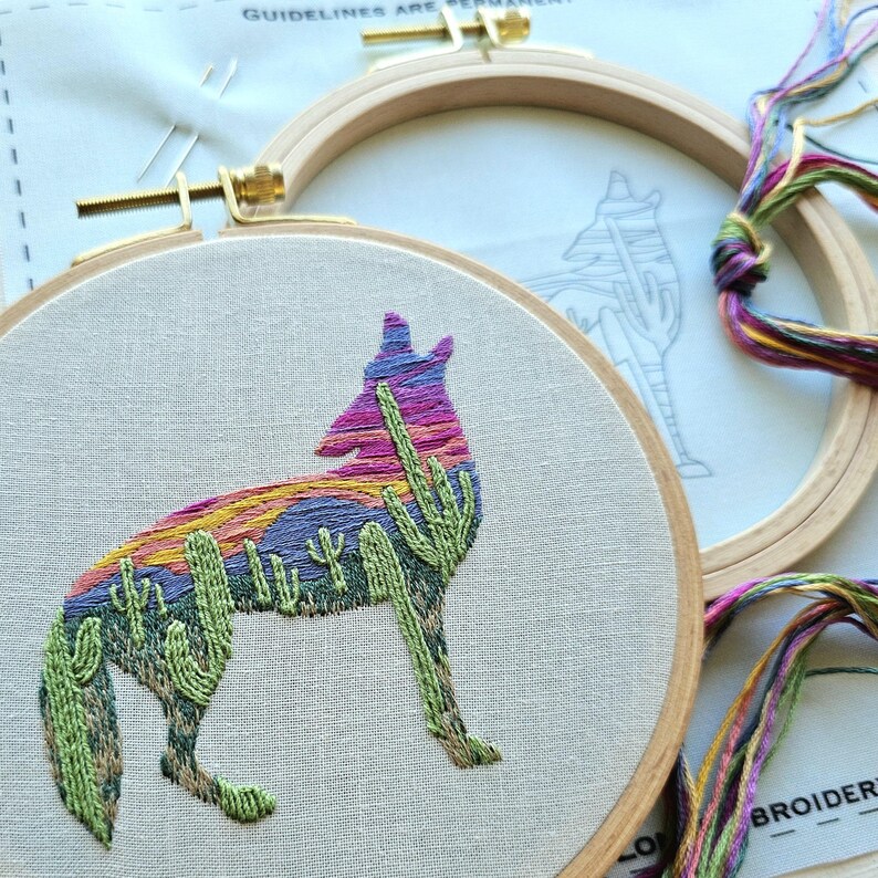 Desert Coyote Hand Embroidery Kit With Saguaro Cactus, Embroidery ...