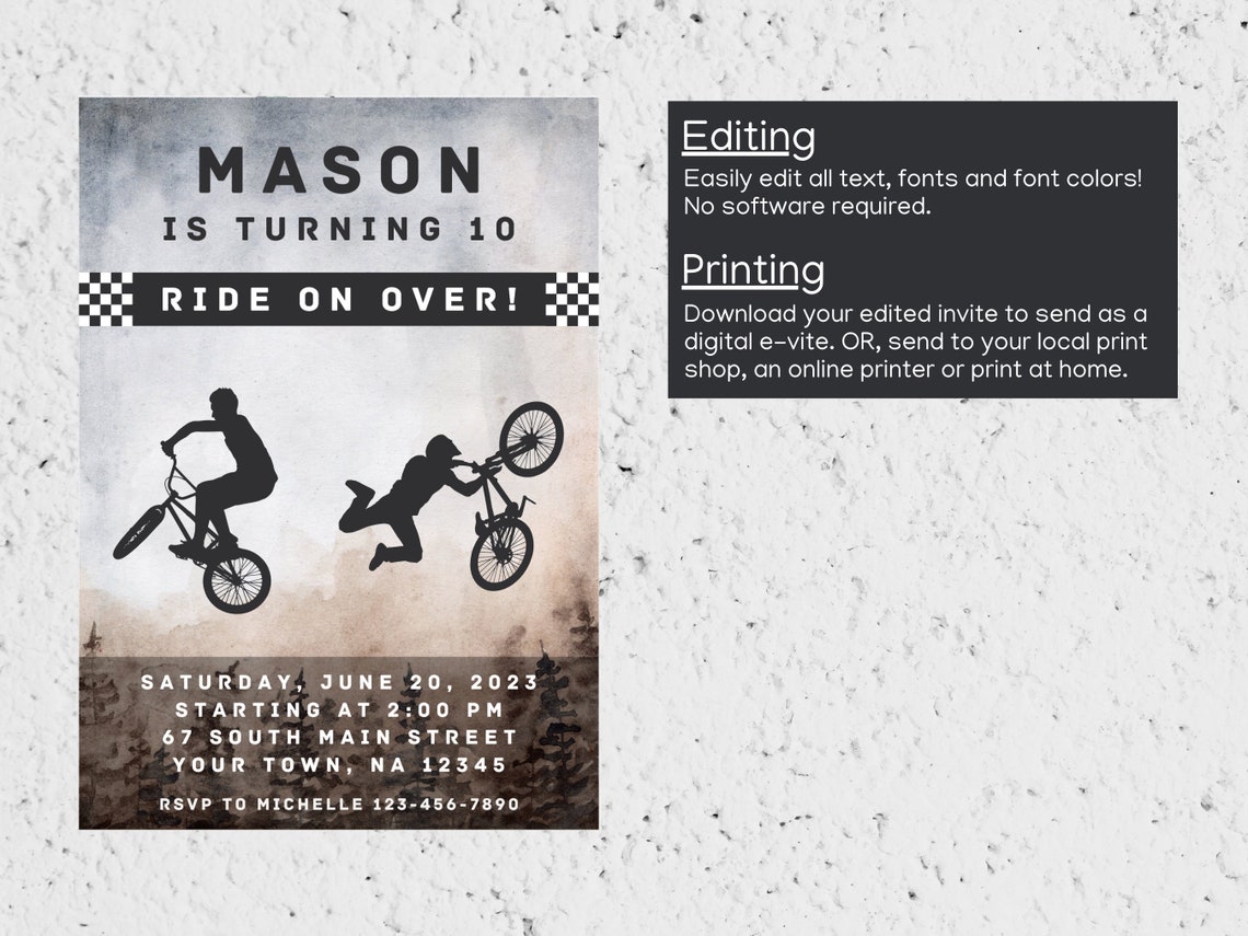 EDITABLE BMX Bike Birthday Invitation, Mountain Bike Party Invite ...