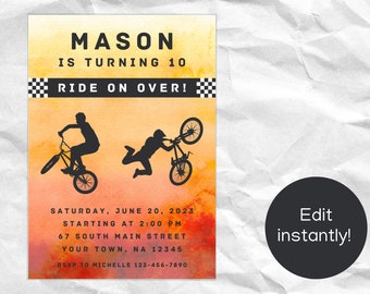 EDITABLE BMX Bike Birthday Invitation, Mountain Bike Party Invite ...