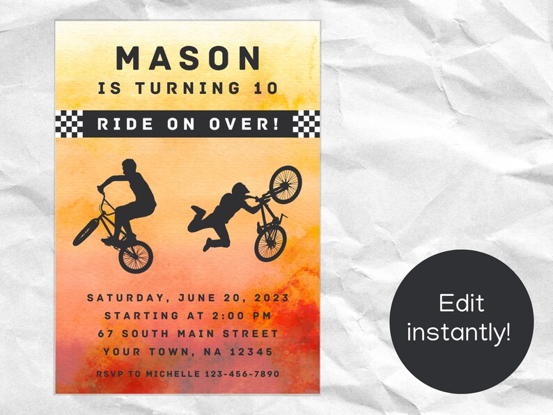 EDITABLE BMX Bike Birthday Invitation, Mountain Bike Party Invite ...