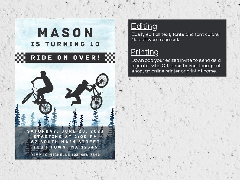 EDITABLE BMX Bike Birthday Invitation, Mountain Bike Party Invite ...