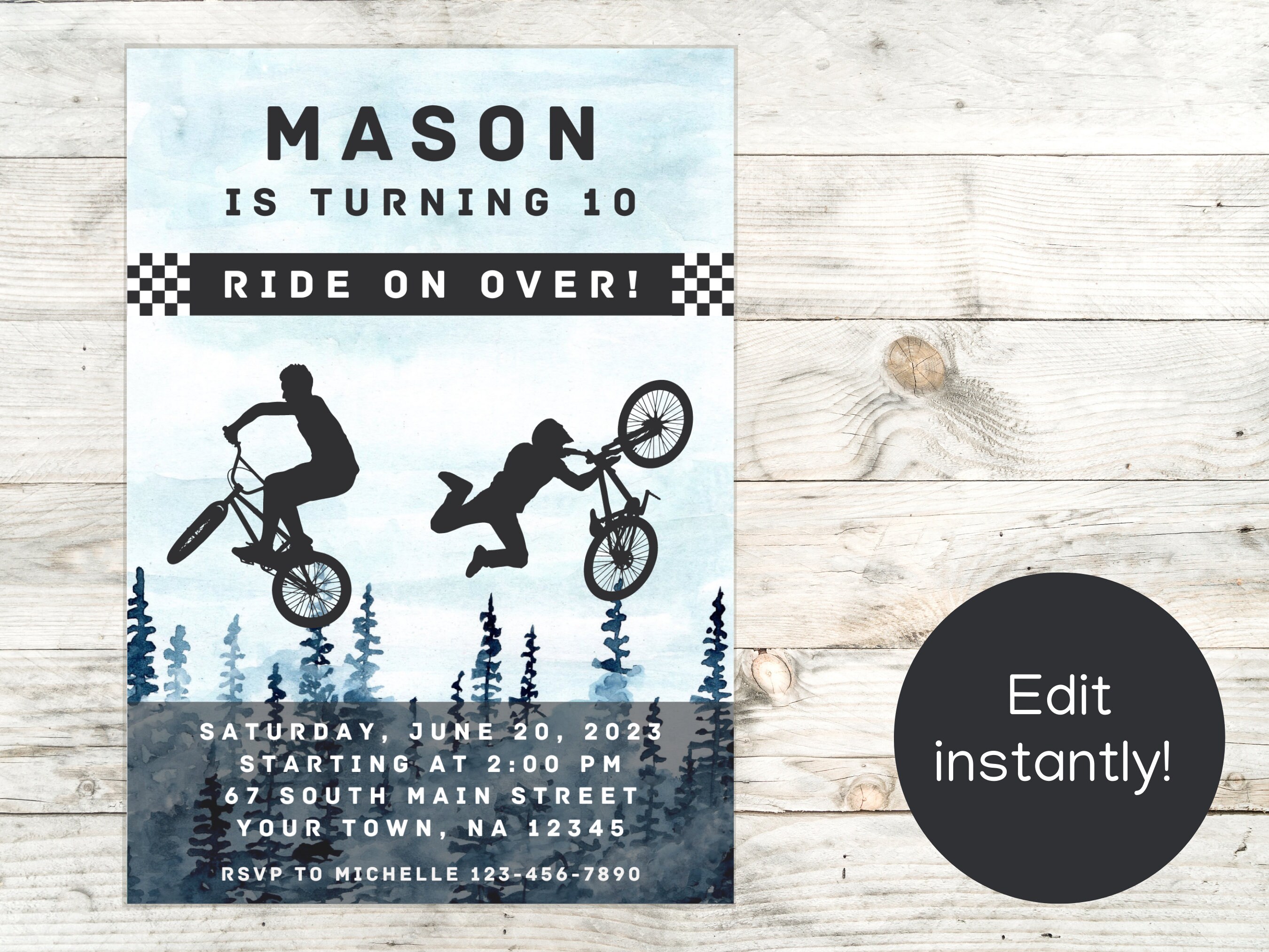 EDITABLE BMX Bike Birthday Invitation, Mountain Bike Party Invite ...