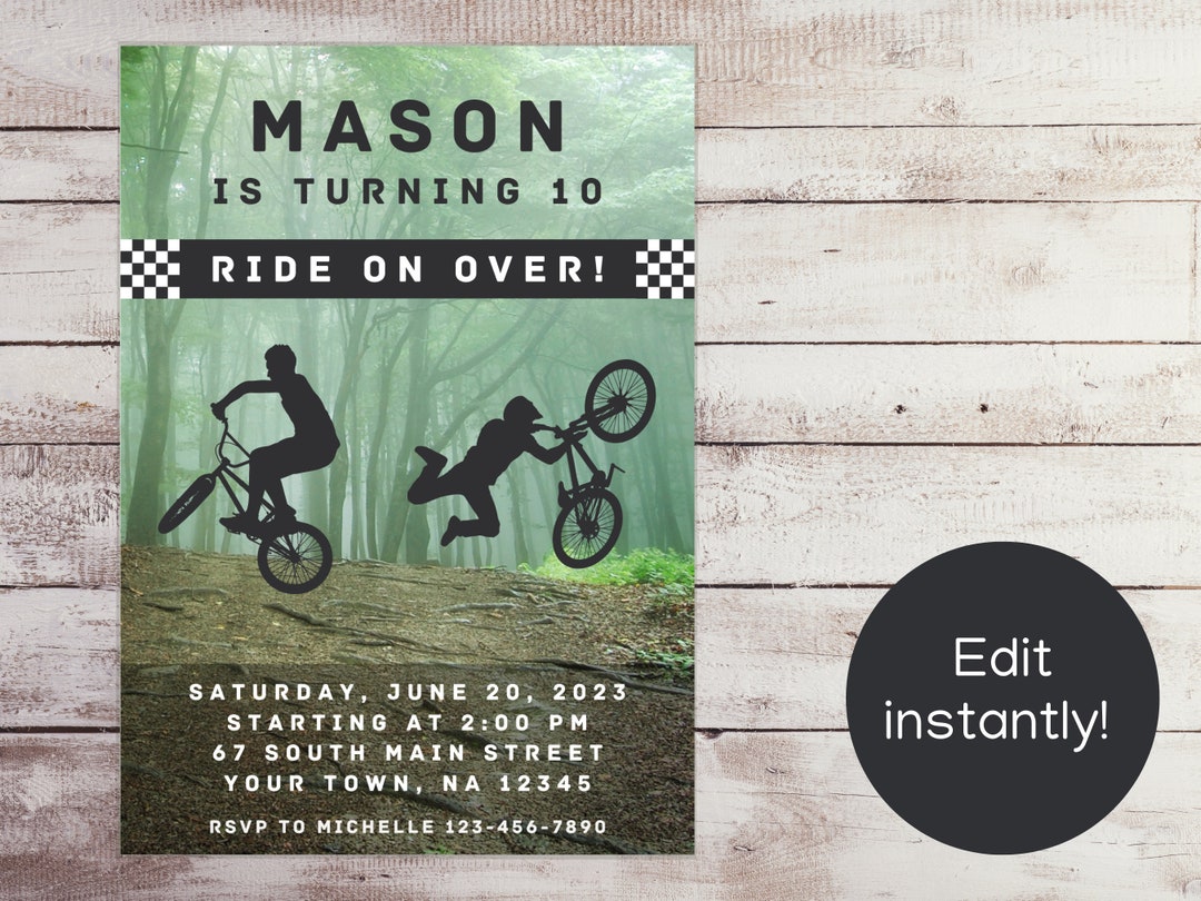 EDITABLE BMX Bike Birthday Invitation, Mountain Bike Party Invite ...