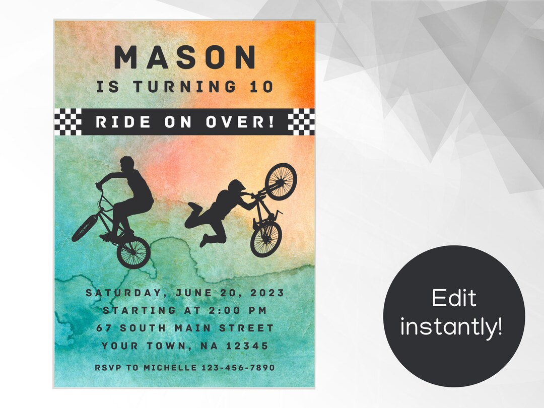 EDITABLE BMX Bike Party Invitation, Mountain Bike Party Invite, Dirt ...