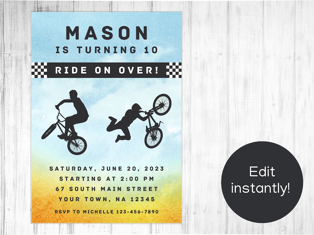 EDITABLE BMX Bike Birthday Invitation, Mountain Bike Party Invite ...