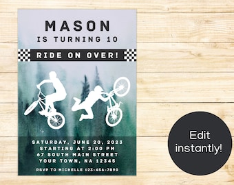 EDITABLE BMX Bike Birthday Invitation, Mountain Bike Party Invite ...