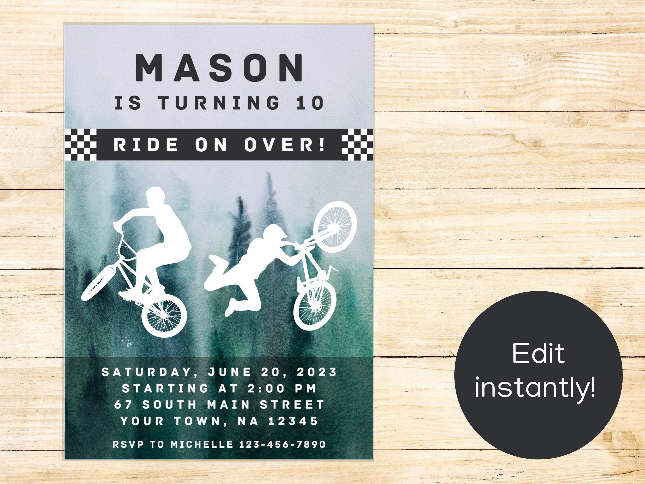 EDITABLE BMX Bike Birthday Invitation, Mountain Bike Party Invite ...