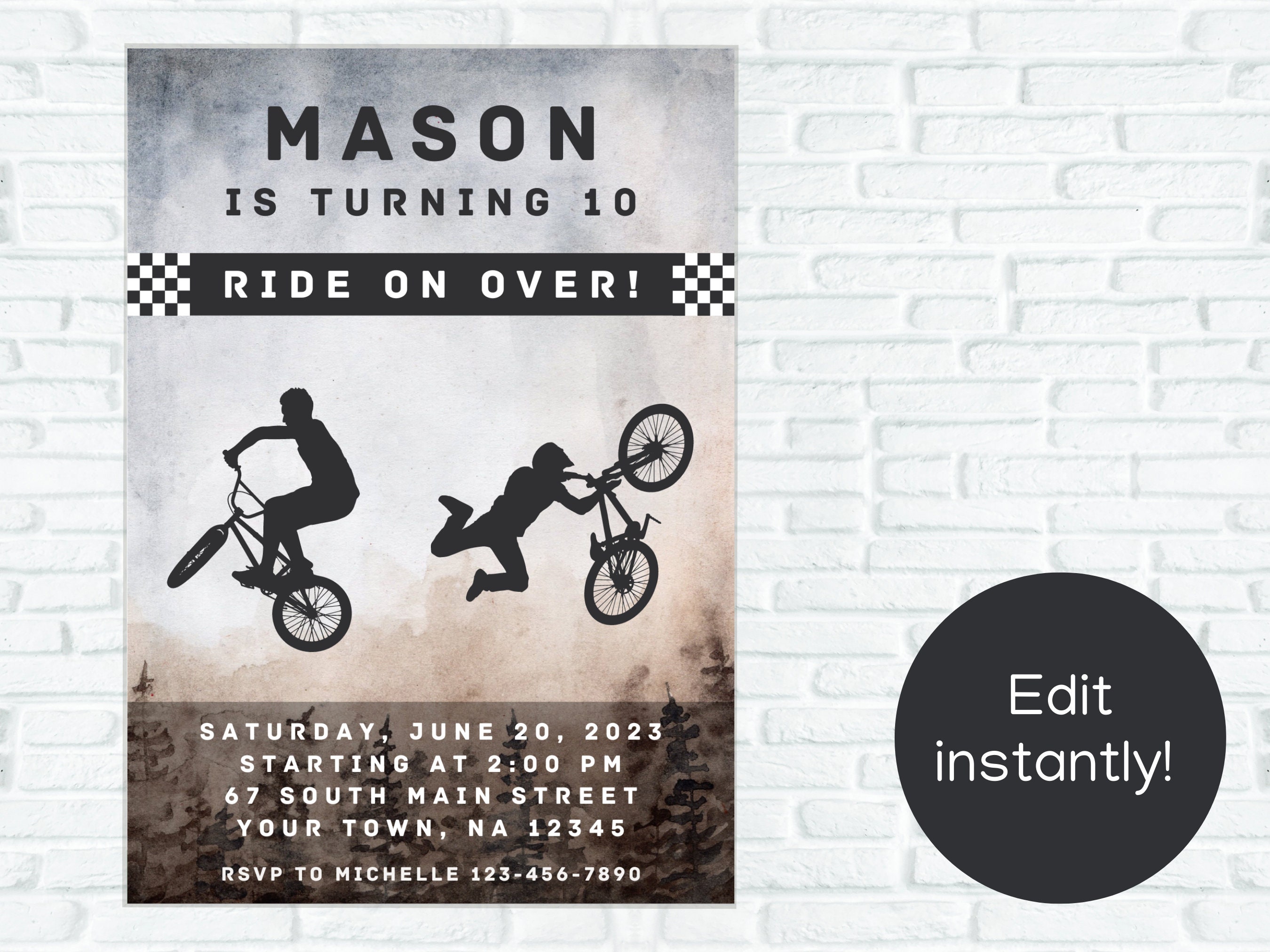 EDITABLE BMX Bike Birthday Invitation, Mountain Bike Party Invite ...