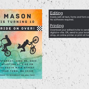 EDITABLE BMX Bike Party Invitation, Mountain Bike Party Invite, Dirt ...