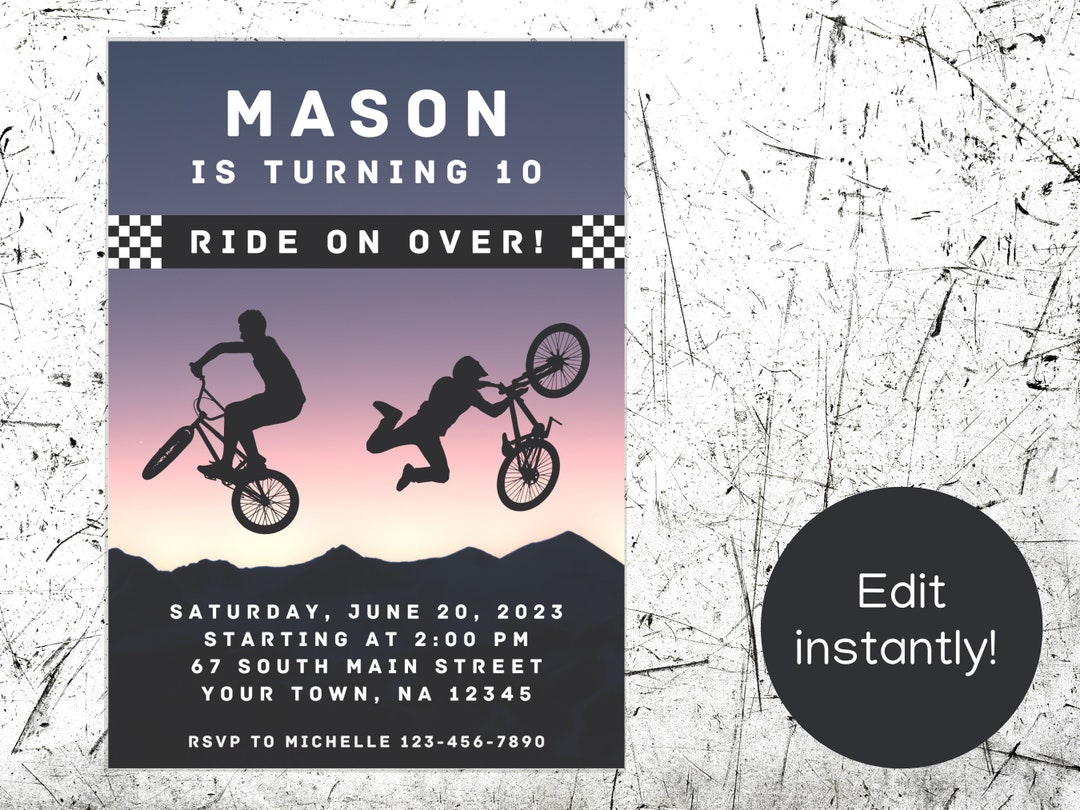 EDITABLE BMX Bike Birthday Invitation, Mountain Bike Party Invite ...