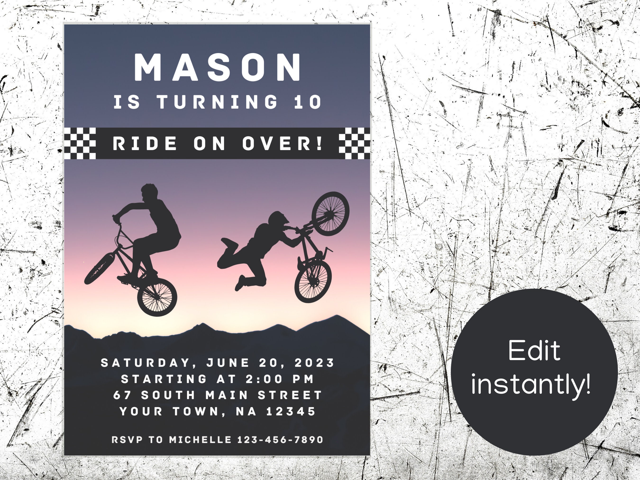 EDITABLE BMX Bike Birthday Invitation, Mountain Bike Party Invite ...
