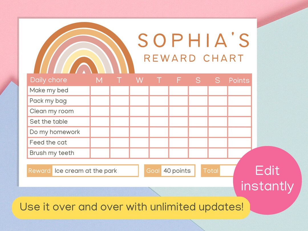 EDITABLE Rainbow Reward Chart for Kids, Behavior, Behaviour Chart, Pink ...