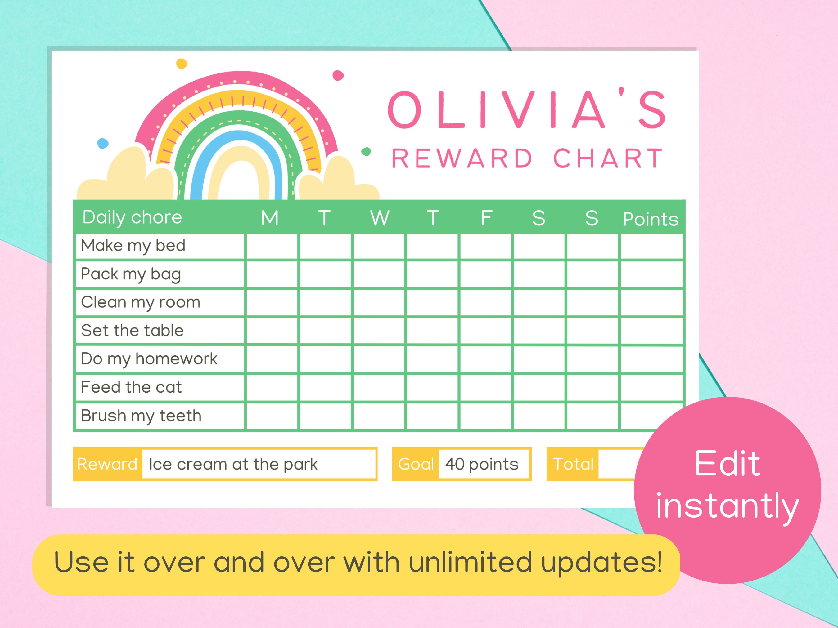 Editable Rainbow Reward Chart Reward Chart For Kids Printable Reward ...