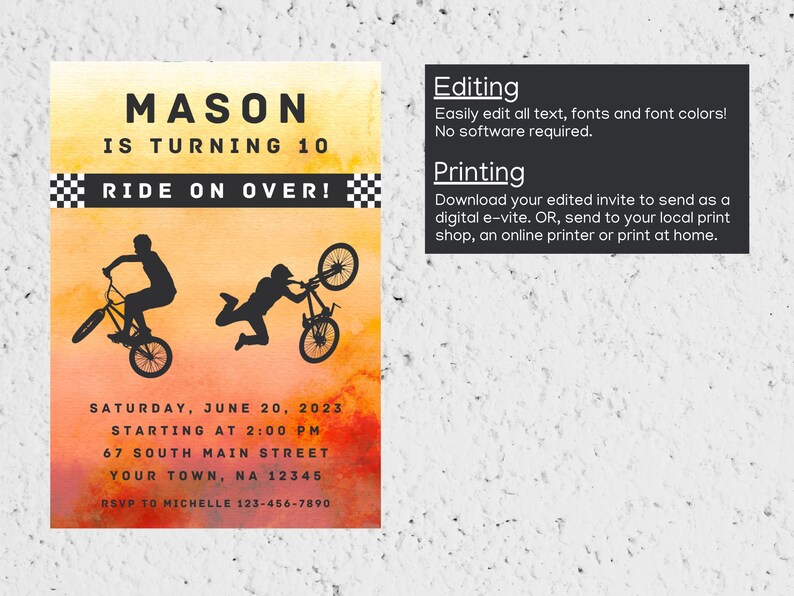 EDITABLE BMX Bike Birthday Invitation, Mountain Bike Party Invite ...
