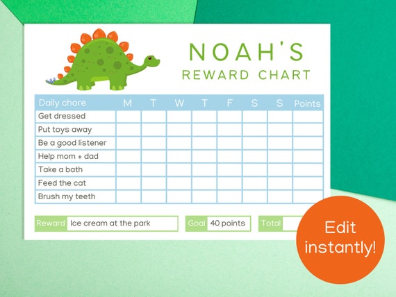 EDITABLE Dinosaur Reward Chart for Kids Behavior Behaviour - Etsy India