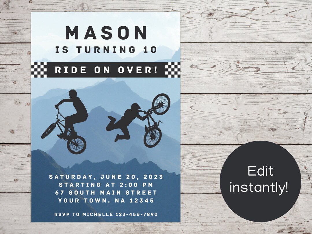 EDITABLE BMX Bike Birthday Invitation, Mountain Bike Party Invite ...