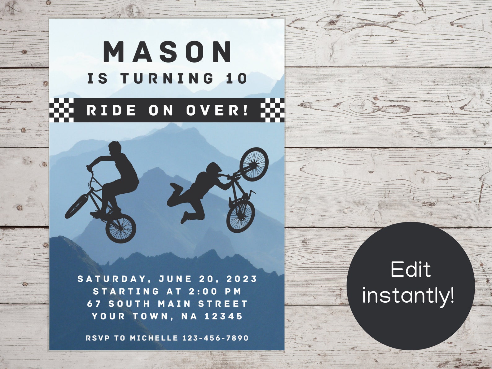 EDITABLE BMX Bike Birthday Invitation, Mountain Bike Party Invite ...