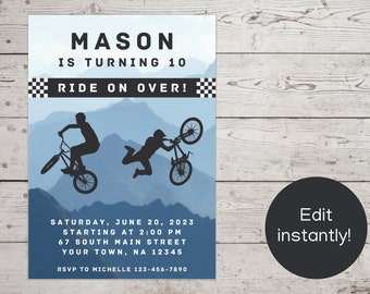 EDITABLE BMX Bike Birthday Invitation, Mountain Bike Party Invite ...