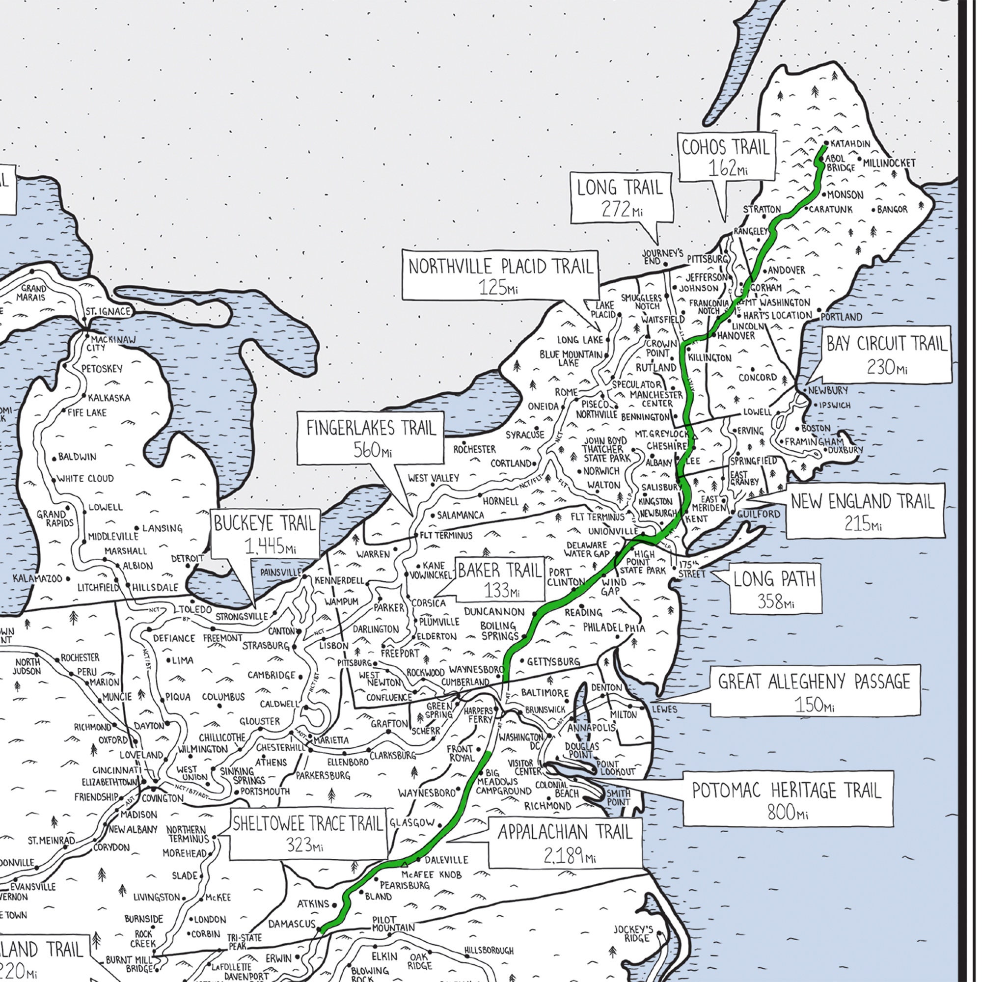 Long-distance Hiking Trails USA Map - Color Your Hike, Continental ...
