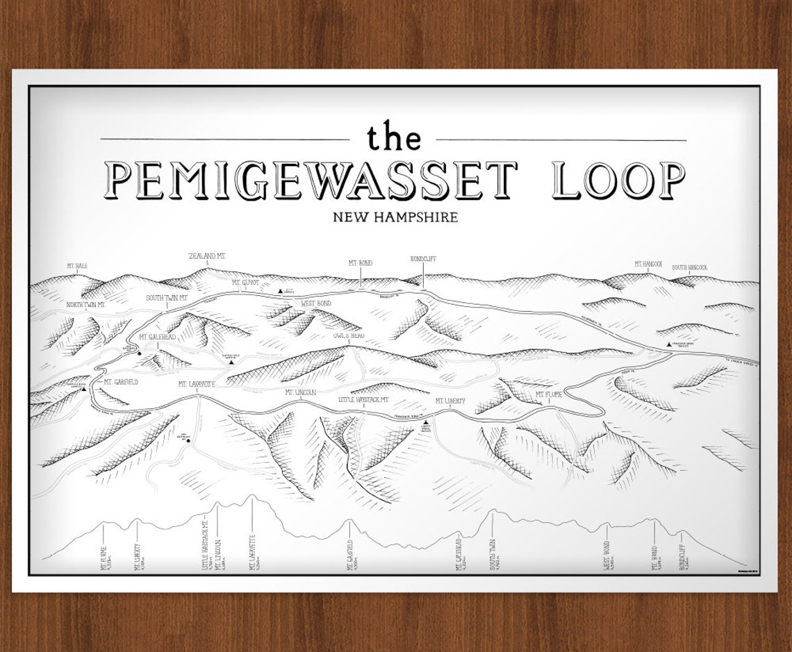 Pemi Loop New Hampshire, 4000 Footers Illustrated Print Map Hiking, New ...