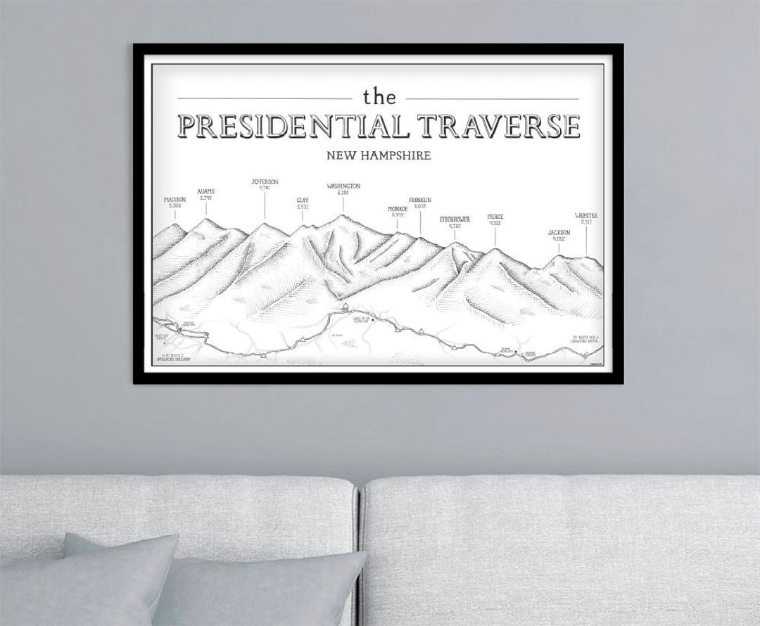 Presidential Traverse New Hampshire, 4000 Footers Illustrated Print Map ...