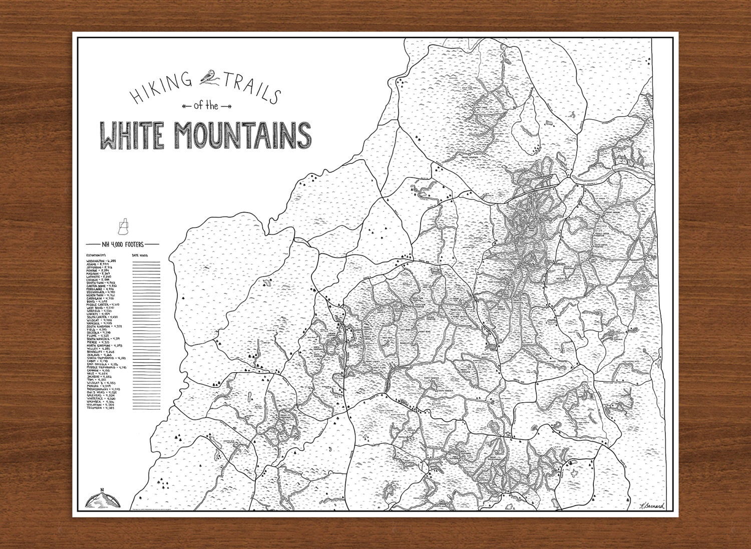 White Mountains NH Hiking Trails Map 4000 Footers Hand Drawn - Etsy