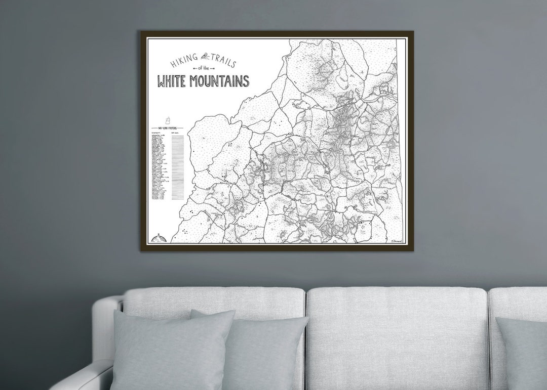 White Mountains NH Hiking Trails Map, 4000 Footers, Color-in Print ...