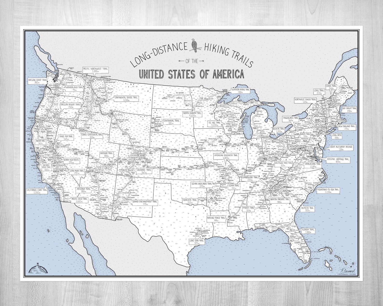 Long-distance Hiking Trails USA Map - Color Your Hike, Continental ...