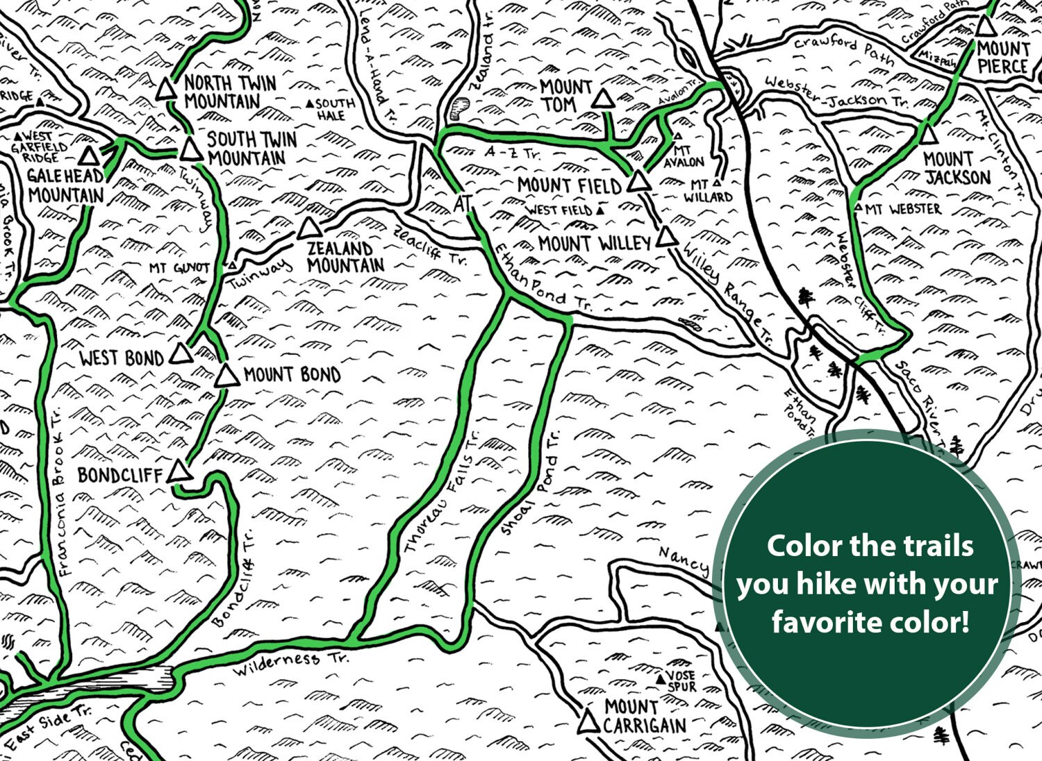 White Mountains NH Hiking Trails Map 4000 Footers Hand Drawn - Etsy