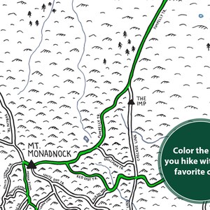 Mt Monadnock Hiking Trail Map, Color in Your Trail, NH Mountain, Hand ...