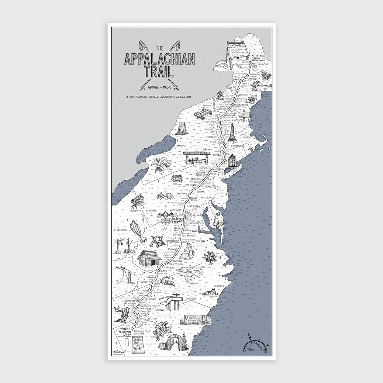 Appalachian Trail Color Your Hike Trail Map, Hand Drawn Print, Hiking ...