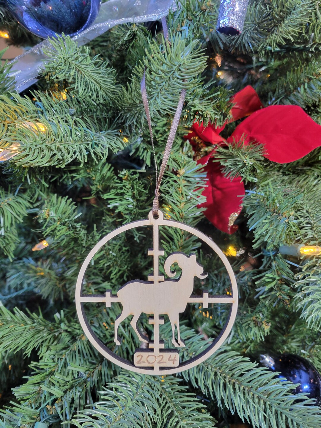 Engraved Caribou Reindeer in Crosshairs Wooden Christmas 2024 Tree ...