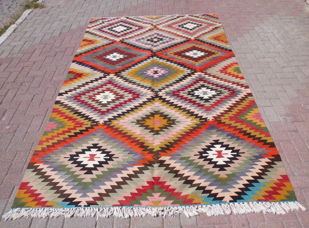 Oversized Turkish Kilim Rug, Geometric Wool Turkish Rug, 6' X 9'58 Ft ...