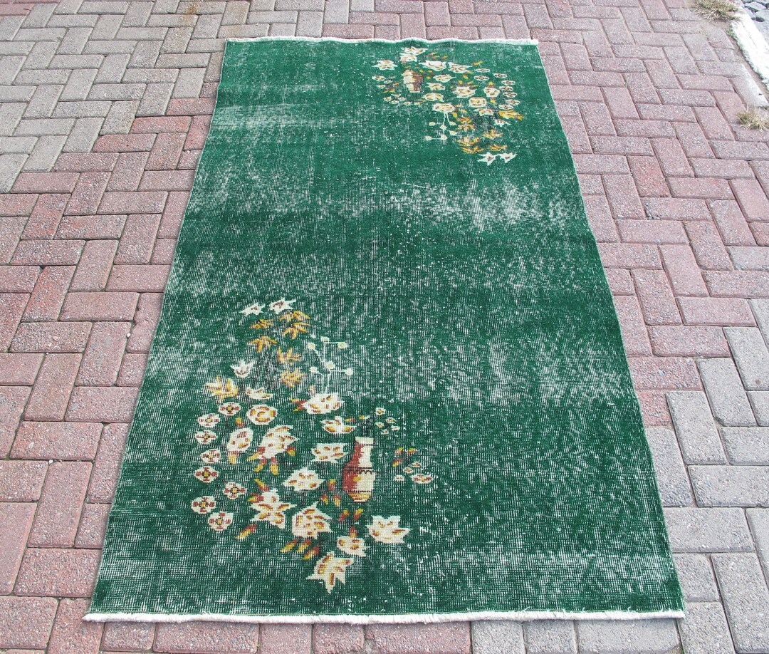 Vintage Green Rug, 4x7 Turkish Rug, Entryway Rug, Wool Oushak Rug ...