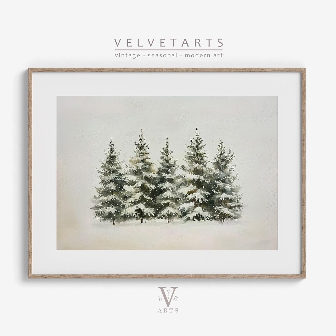 Printable - Snow Dusted Pines Winter, Vintage Painting | Christmas ...