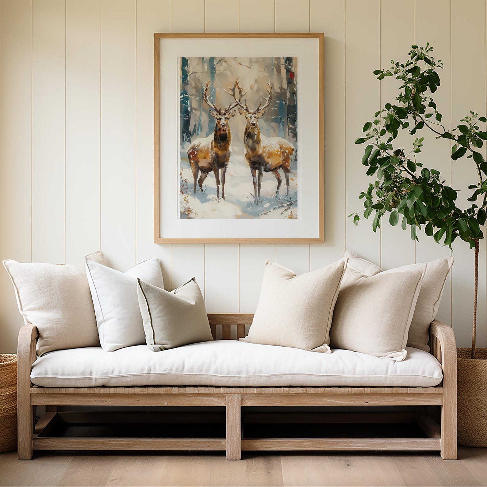 Printable - Stags in Misty Forest, Vintage Painting | Christmas Print ...
