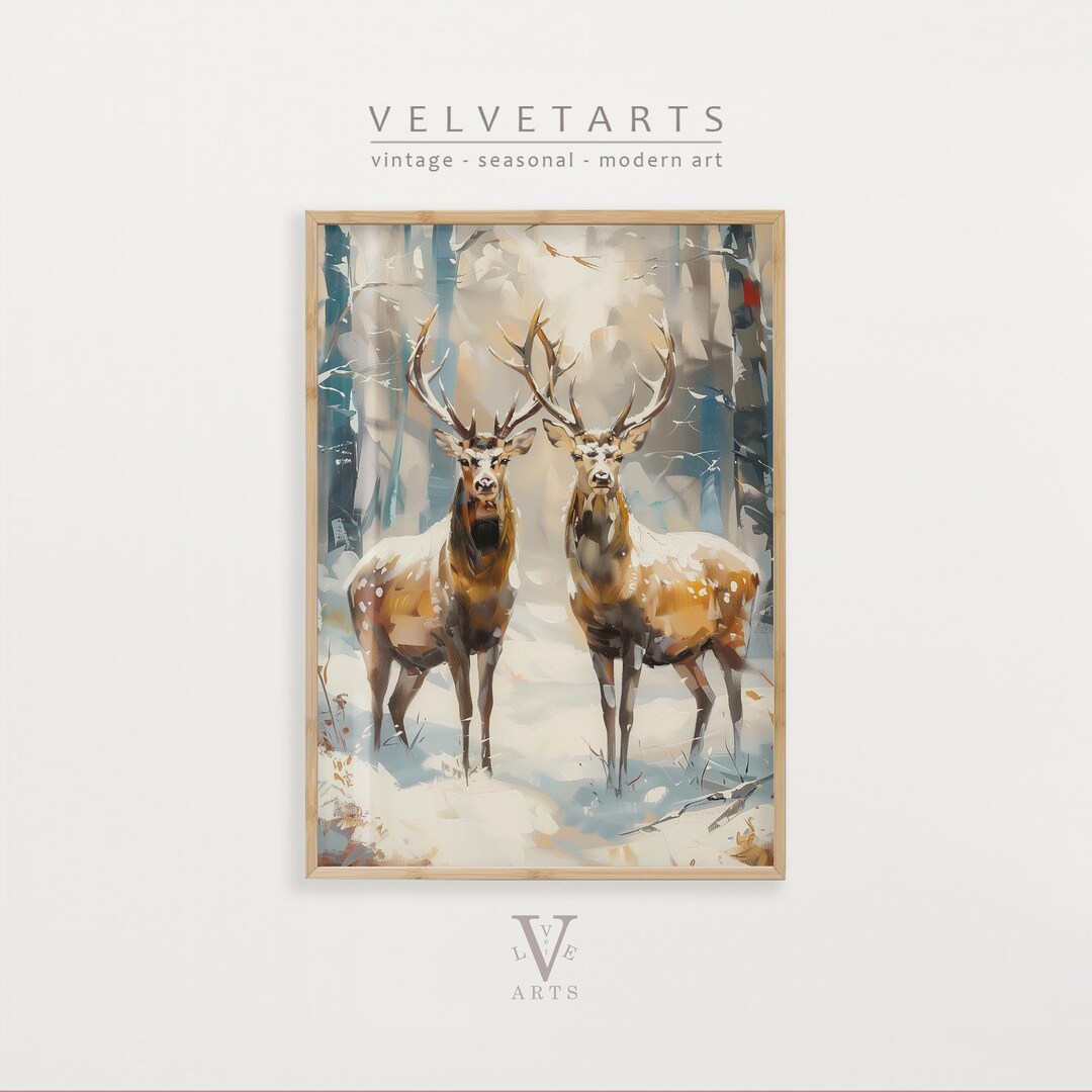 Printable - Stags in Misty Forest, Vintage Painting | Christmas Print ...