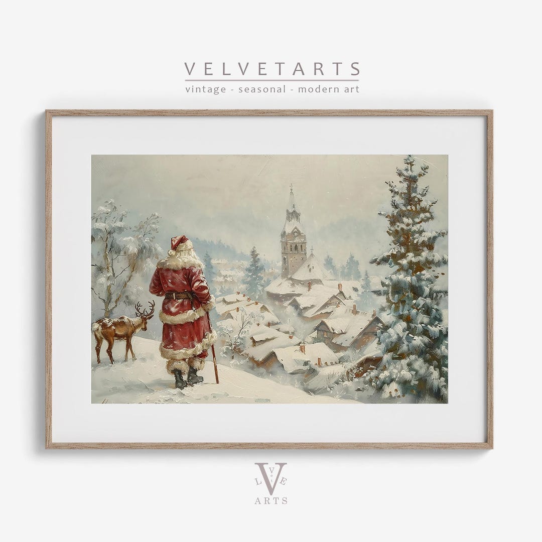 Printable - Santa Overlooking Village Vintage Painting | Christmas ...
