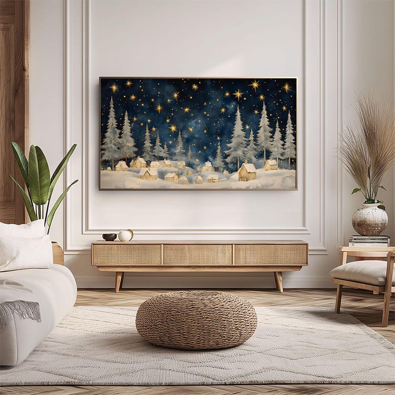 Frame TV Art Winter Village and Pine Trees Christmas Decor, Winter ...