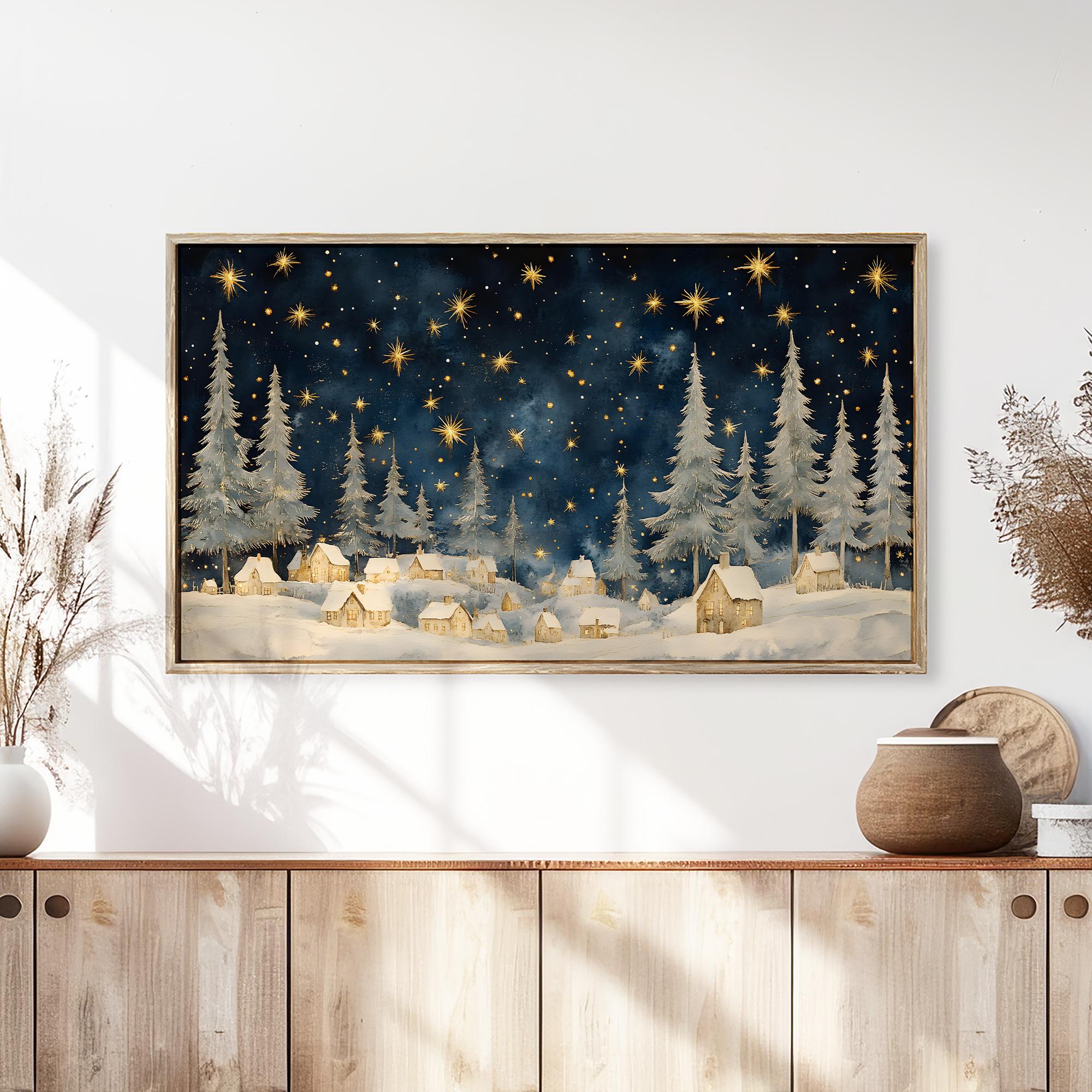 Frame TV Art Winter Village and Pine Trees Christmas Decor, Winter ...