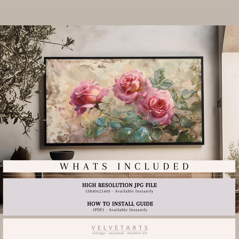 Frame TV Art - Pink Roses | Vintage Floral Oil Painting, Valentines ...
