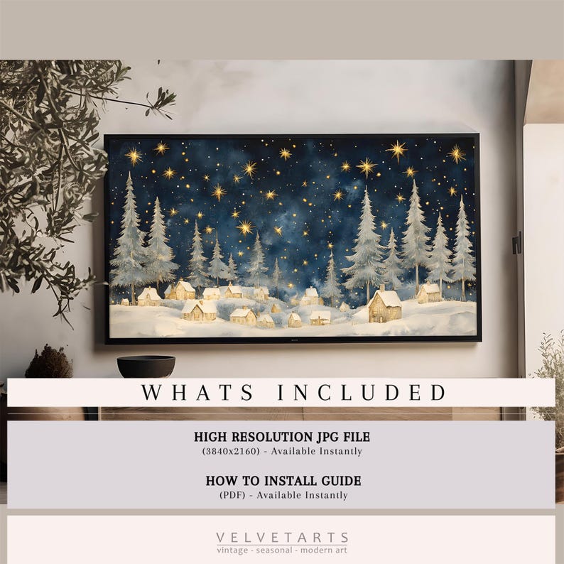 Frame TV Art Winter Village and Pine Trees Christmas Decor, Winter ...