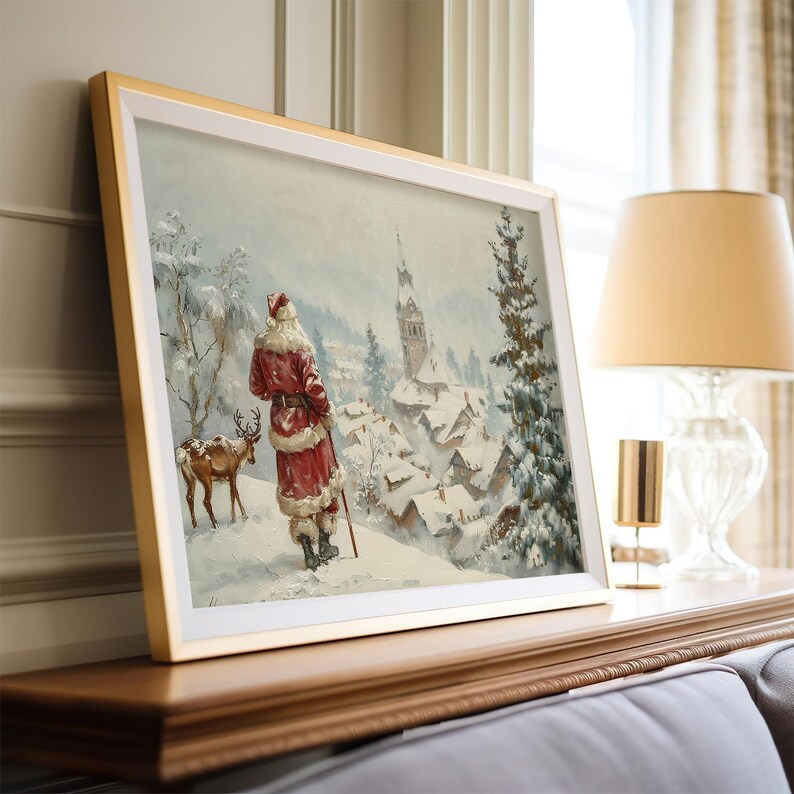 Printable - Santa Overlooking Village Vintage Painting | Christmas ...
