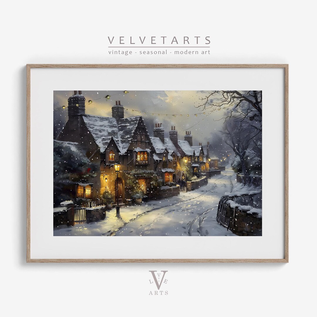 Printable - Snowfall & Cozy Cottages, Vintage Painting | Christmas ...
