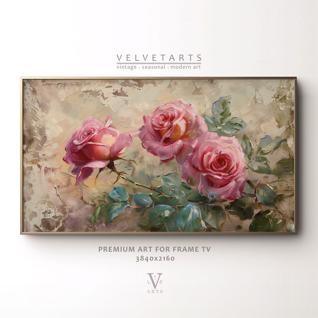 Frame TV Art - Pink Roses | Vintage Floral Oil Painting, Valentines ...